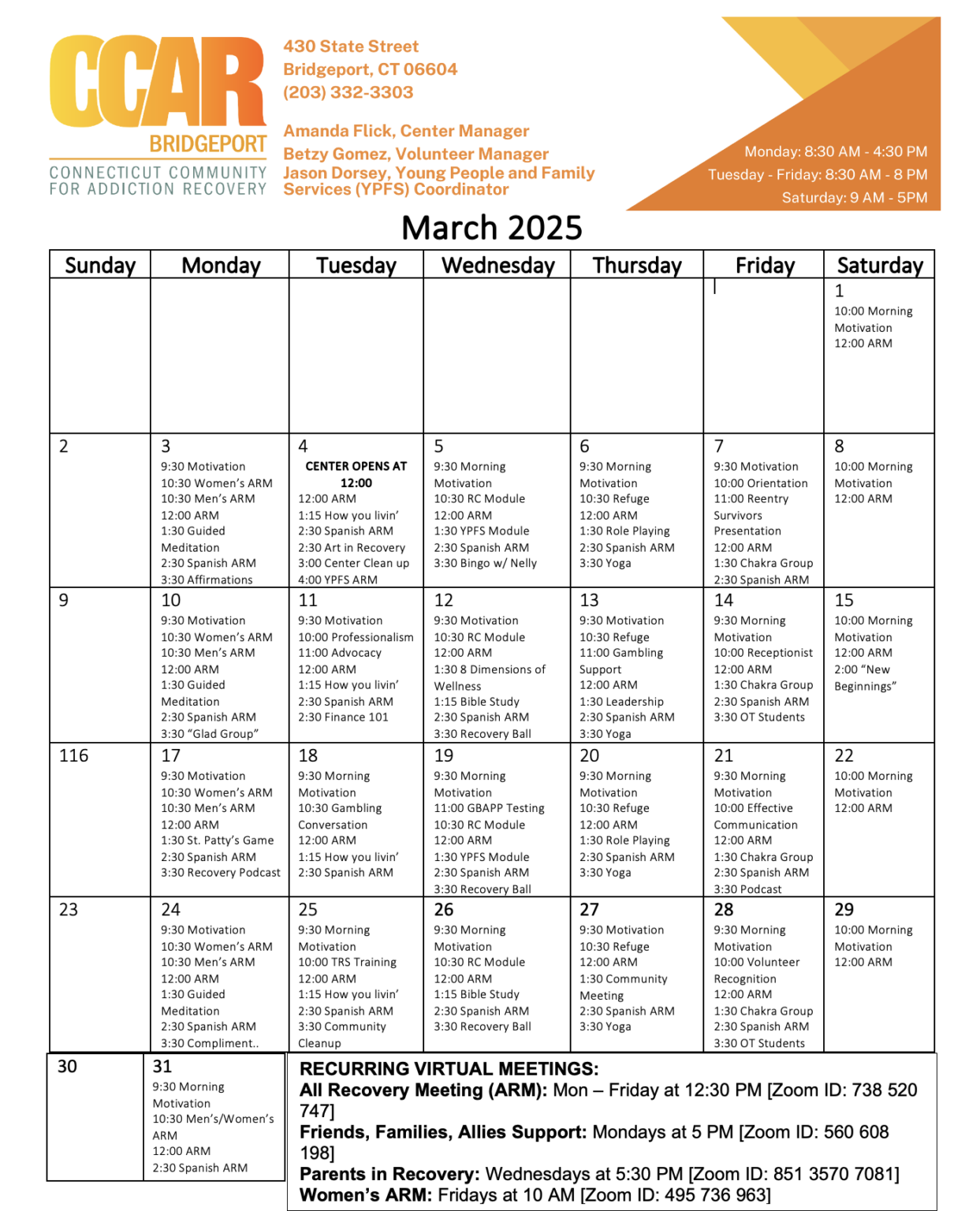 BRCC Calendar - CCAR